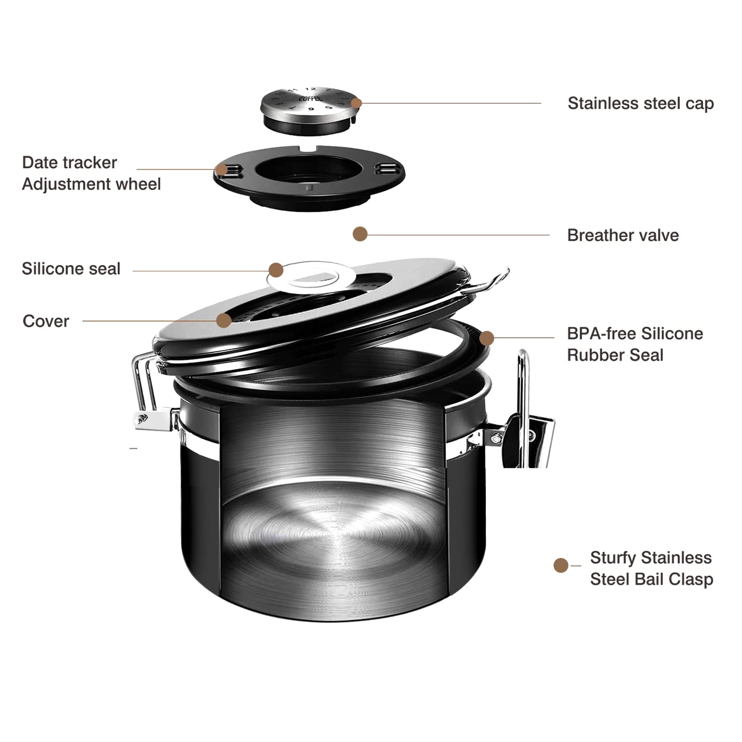 malmo Coffee Canister,Airtight Coffee Container with Date Tracker Lid, Stainless Steel Canister for Kitchen Food Storage 9oz, Black (22, Cylinder, 1, KF) (GY 22oz)