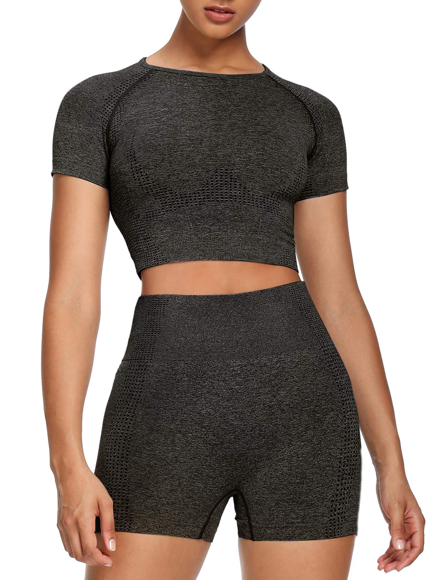 Sytiz Women Seamless Yoga Outfits 2 Piece Set Workout Gym Shorts + Short Sleeve Crop Top (sapphire blue, Medium)