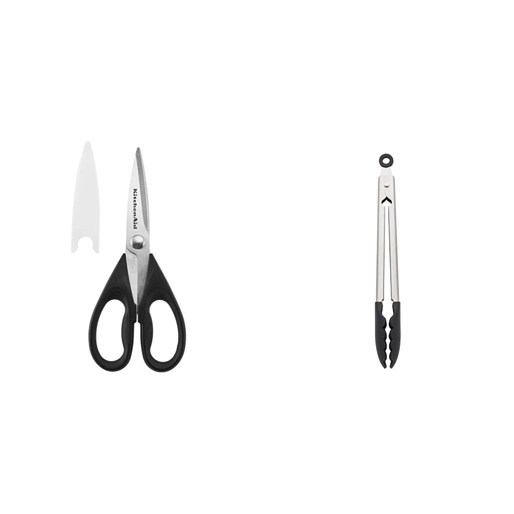 KitchenAid All Purpose Shears with Protective Sheath and Silicone Tipped Stainless Steel Tongs Black