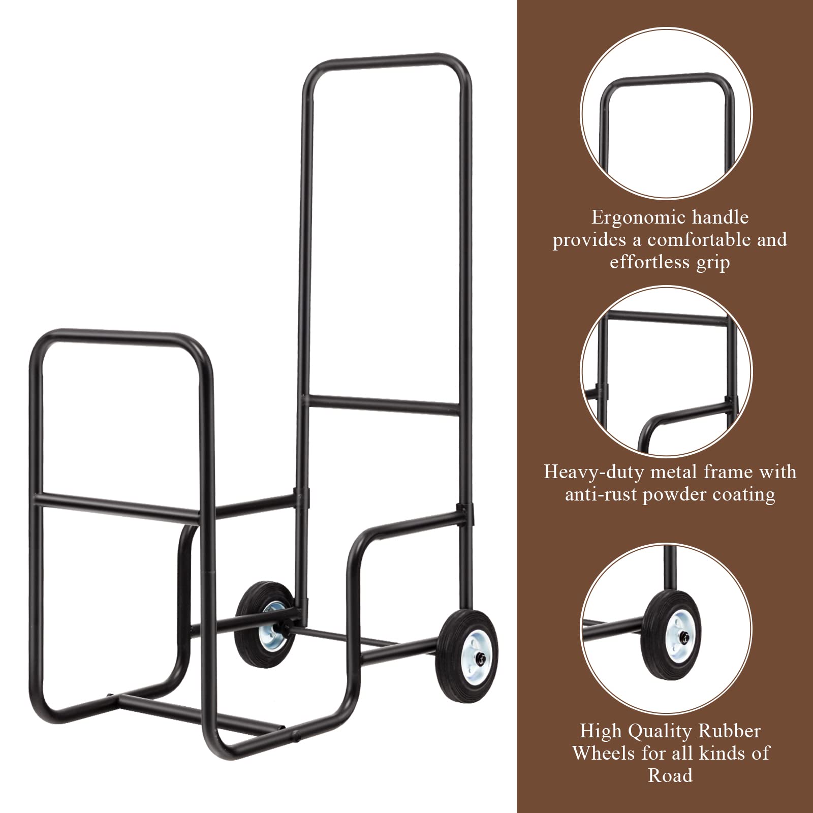 Safstar Firewood Log Cart Carrier, 2.9ft/35β Height Wood Rack Storage Mover w/2 Rubber Wheels & Ergonomic Handle, Heavy-Duty Steel Fireplace Log Carrier Mover, Rolling Firewood Cart for Indoor Outdoor