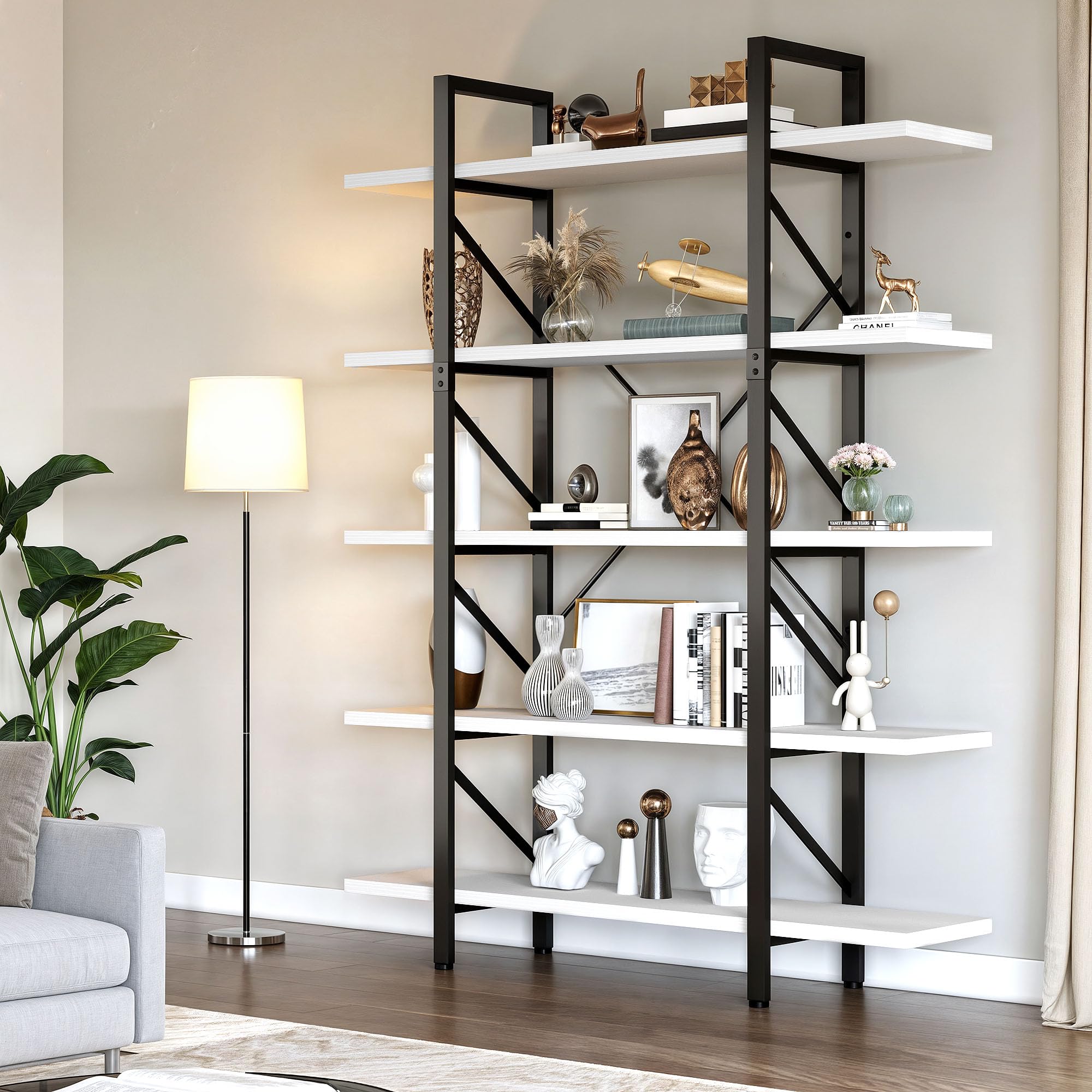 YITAHOME Book Shelf,5 Tier Bookcase, 12" D x 47" W x 71" H Large Industrial Book Shelf Storage Organizer for Living Room, Bedroom,Home Office, Free Standing Storage Shelving Unit, White
