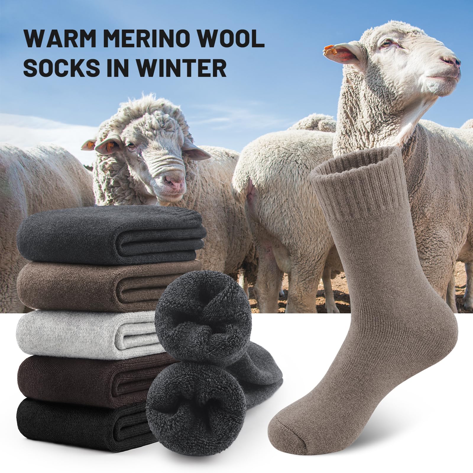 SIMIYA 5 Pairs Merino Wool Socks for Men, Thick Winter Wool Hiking Socks, Warm Breathable Crew Mens Socks(Fit USA Size 7-13