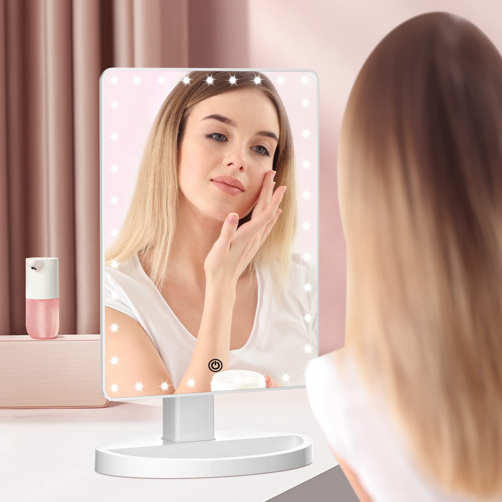 Large Lighted Makeup Mirror (X-Large), Makeup Vanity Mirror with 35 LED Lights and 10X Magnification, Touch Sensor Dimming, Dual Power Supply, 360° Rotation Tabletop Personal Beauty Light Up Mirror