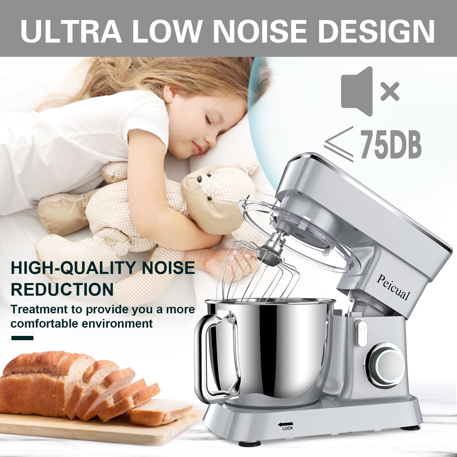 Peicual Stand Mixer, 5.5QT 10+P Speed Tilt-Head Kitchen Electric Mixer, Food Mixer with Stainless Steel Bowl, Dough Hook, Flat Beater, Wire Whisk, Splash Guard for Daily Use - Silver