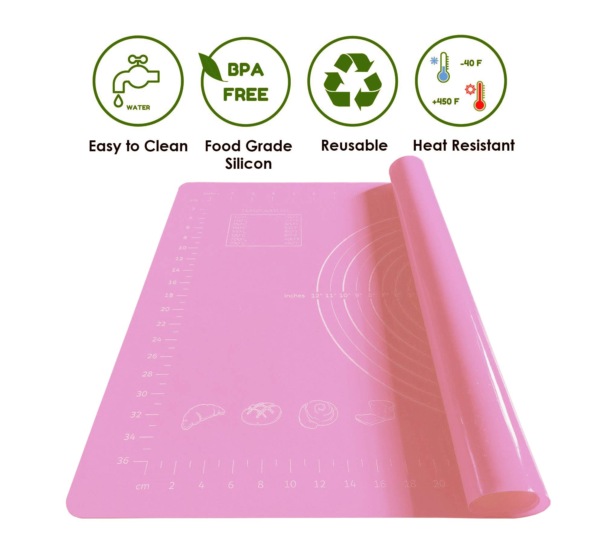 Pink Silicone Baking Mat Pastry Mat For Rolling Out Dough Pastry Pie Crust and Fondant Nonstick Thick Large 25β X 18β With Measurement, BPA Free Non stick Non Slip and Easy to Clean Reusable