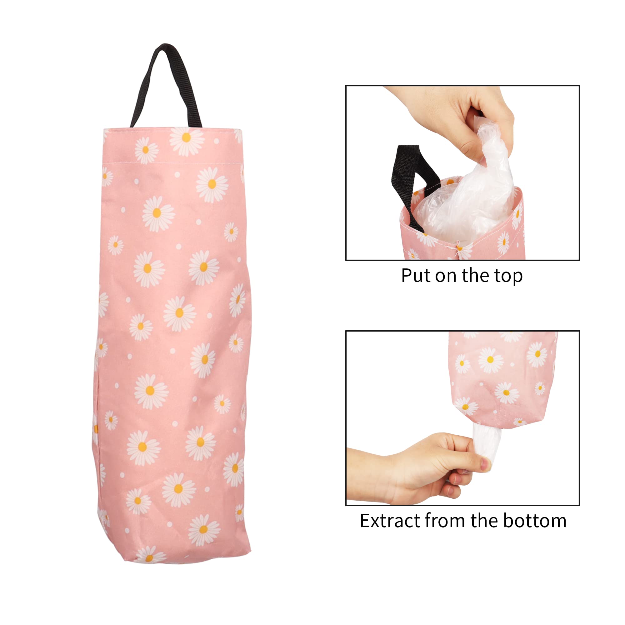QIANRENON Kitchen Grocery Plastic Trash Bag Holder Washable Wall Mount Folding Little Daisy Storage Bag for Kitchen Bathroom Living Room Office Camper 2 PCS with 2 Hooks (Daisy Pink)
