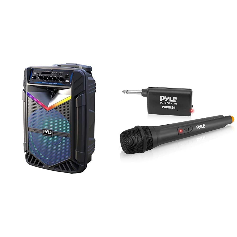 Pyle Portable Bluetooth PA Speaker System with Wireless Microphone - 1200W Speaker with 15" Subwoofer, Flashing Lights, Rechargeable Battery and VHF Narrow Band Wireless Microphone System