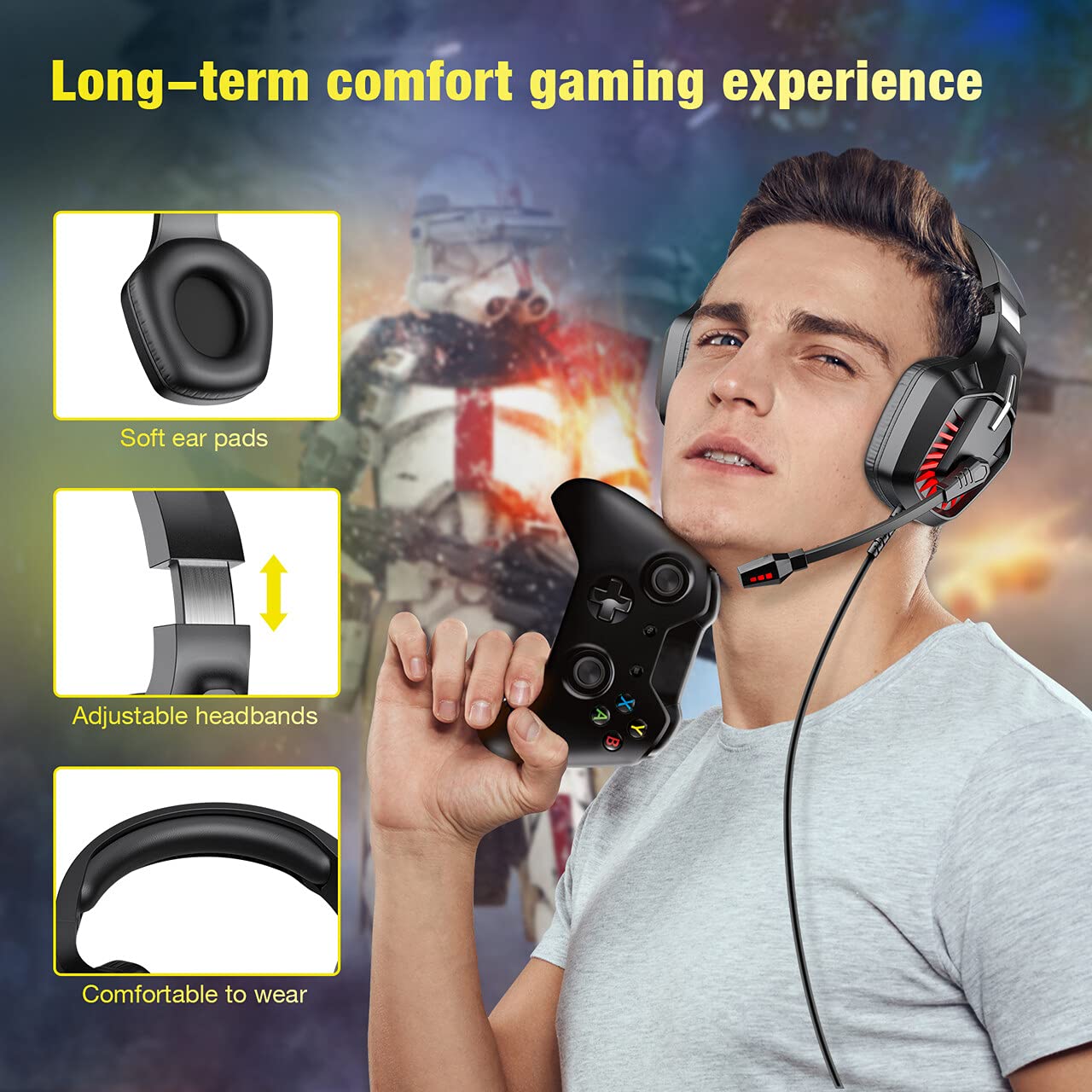 Powerextra Gaming Headset for PC, Over Ear Headphones with Noise Cancelling Microphone LED Light, Mic, Volume Control, Soft Memory Earmuffs for Laptop Mac Nintendo PS4 PS5 Xbox One Controller