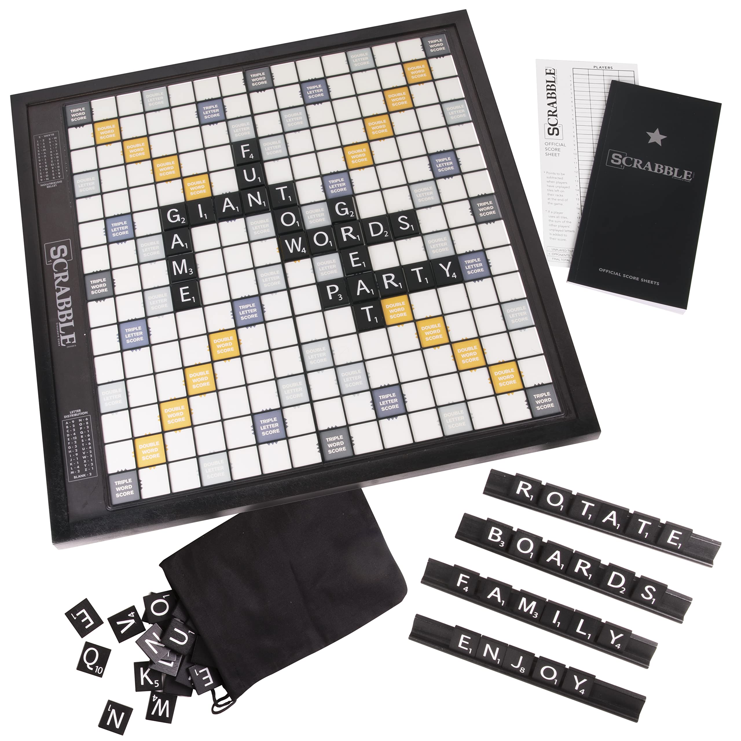 Scrabble Deluxe Black Edition Board Game with Rotating Wooden Deluxe Turntable High End Scrabble Board Game - Scrabble Game Rotating Board Adults - Deluxe Edition Large Tiles Luxury