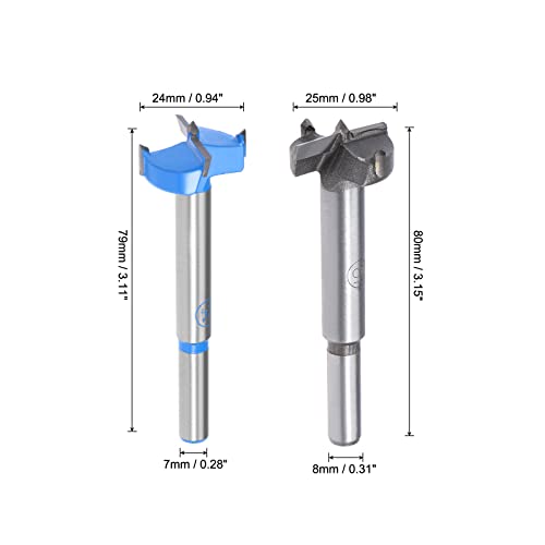uxcell Forstner Drill Bits Set 24mm Dia. & 25mm Dia. Tungsten Carbide Wood Hole Saw Auger Opener, Woodworking Hinge Hole Drilling Boring Bit Cutter