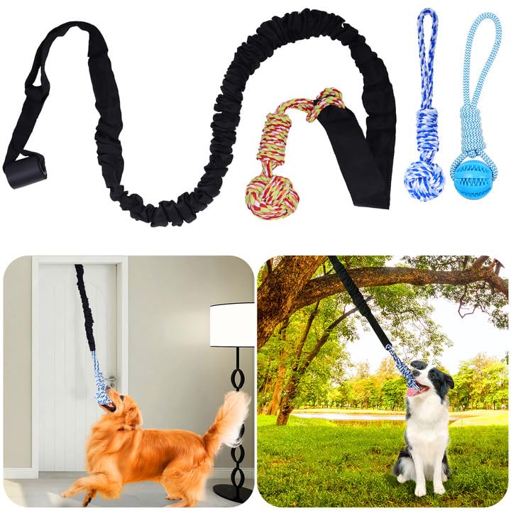 LovelyPaws Spring Pole Dog Rope Toys, Dog Interactive Hanging Tree Tug Toy Indoor and Outdoor with 3 Chew Toys for Dogs