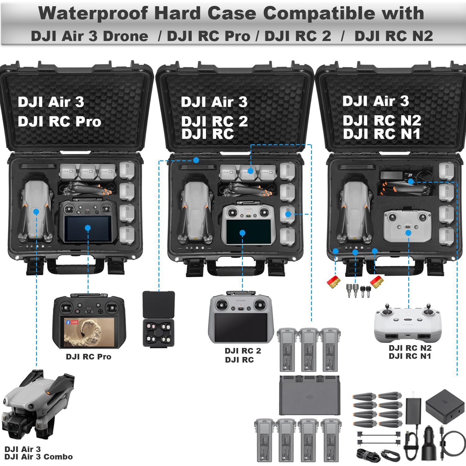 Lekufee Waterproof Carrying Case Compatible with DJI Air 3 Drone/DJI Air 3 Fly More Combo/DJI RC Pro/DJI RC 2/DJI RC N2 Remote Controller and Accessories(Case Only)