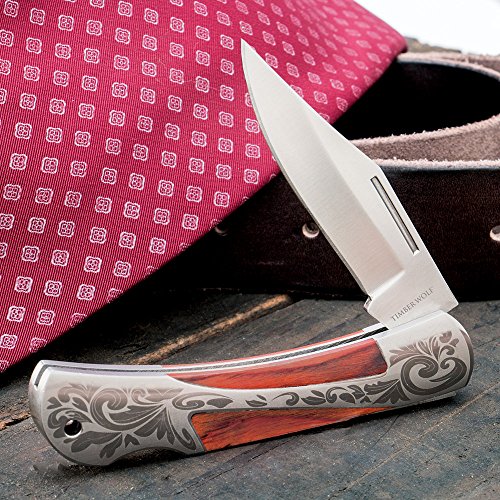 TIMBER WOLF Gentleman’s Lockback Pocket Knife – Razor-Sharp Stainless Steel Blade, Custom Handle with Wooden Inlays, Scroll Design Bolsters – A Practical and Handsome EDC - 7 1/2" Overall