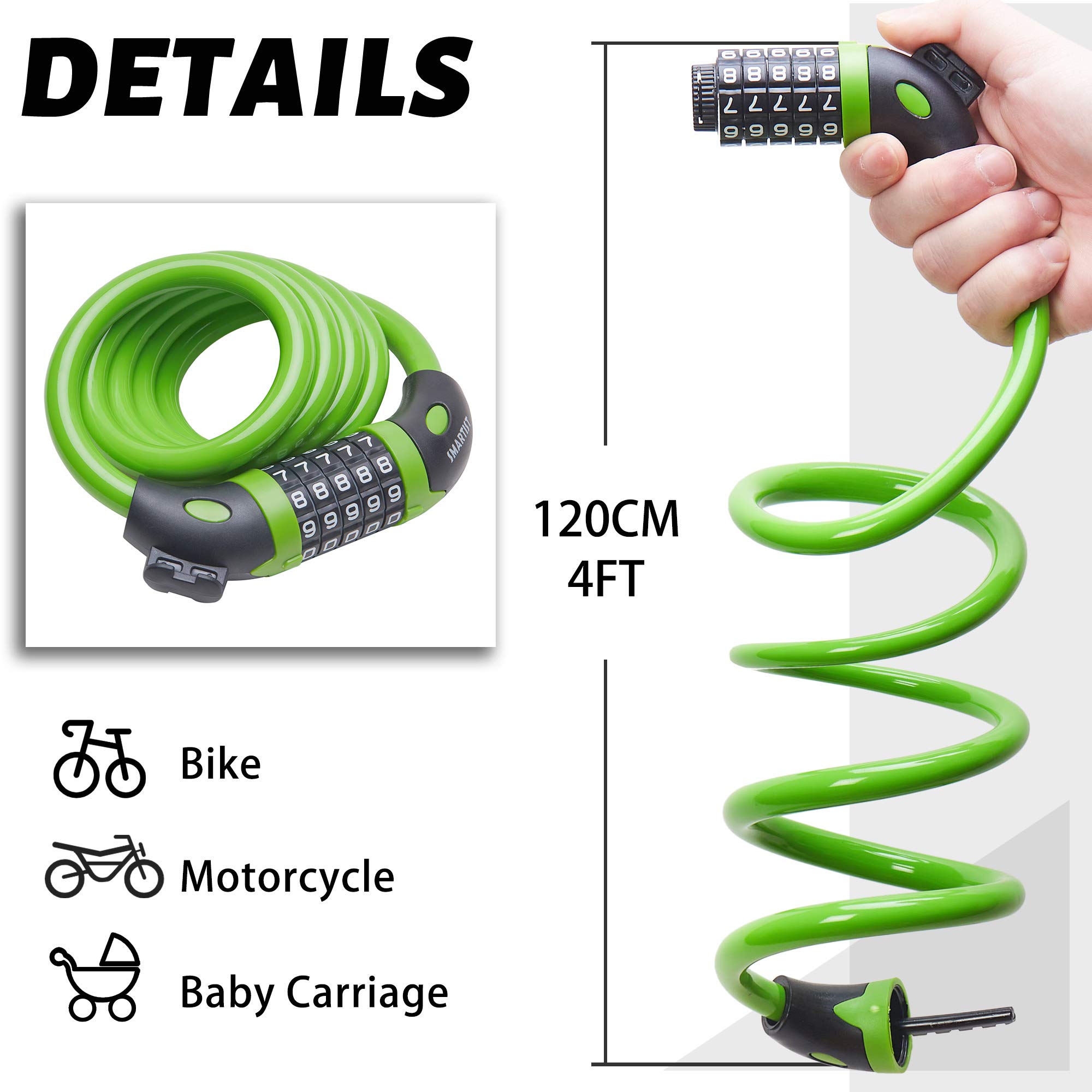 SMARTIST Bike Lock Cable, 4 FT 5 Digit Resettable Bicycle Lock with Mounting Bracket, Bike Locks with Combinations for City Bike, Grills, Ladders - 12 mm/0.47in Diameter, Green