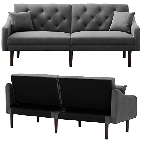 Olela Futon Sofa Bed Convertible Couch Bed with Armrests Modern Living Room Velvet Sofa Bed, Folding Recliner Futon Couch Sleeper Set with Wood Legs,Grey