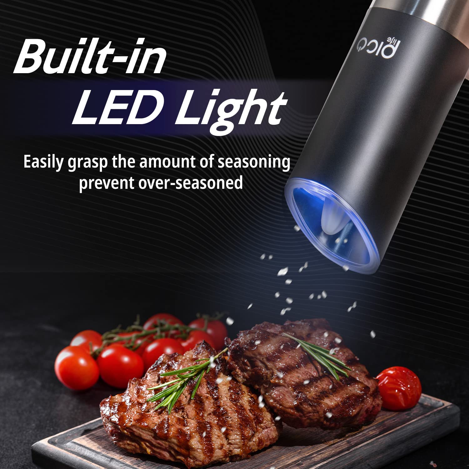 Picolife Portable Electric Pepper Mill - Coarseness Adjustable Stainless Steel Automatic Operation Grinder with Gravity Sensor & Blue Light, Battery Powered