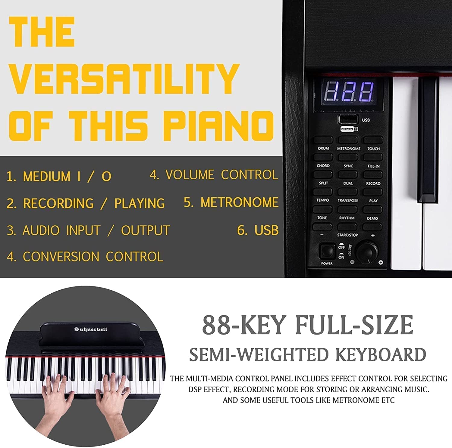 Suhnerbell Digital Piano Keyboard with 88 Keys Full Size SEMI-Weighted Keys, Beginner Electric Piano/Keyboard Set, Portable Keyboard Piano with Continuation Pedal
