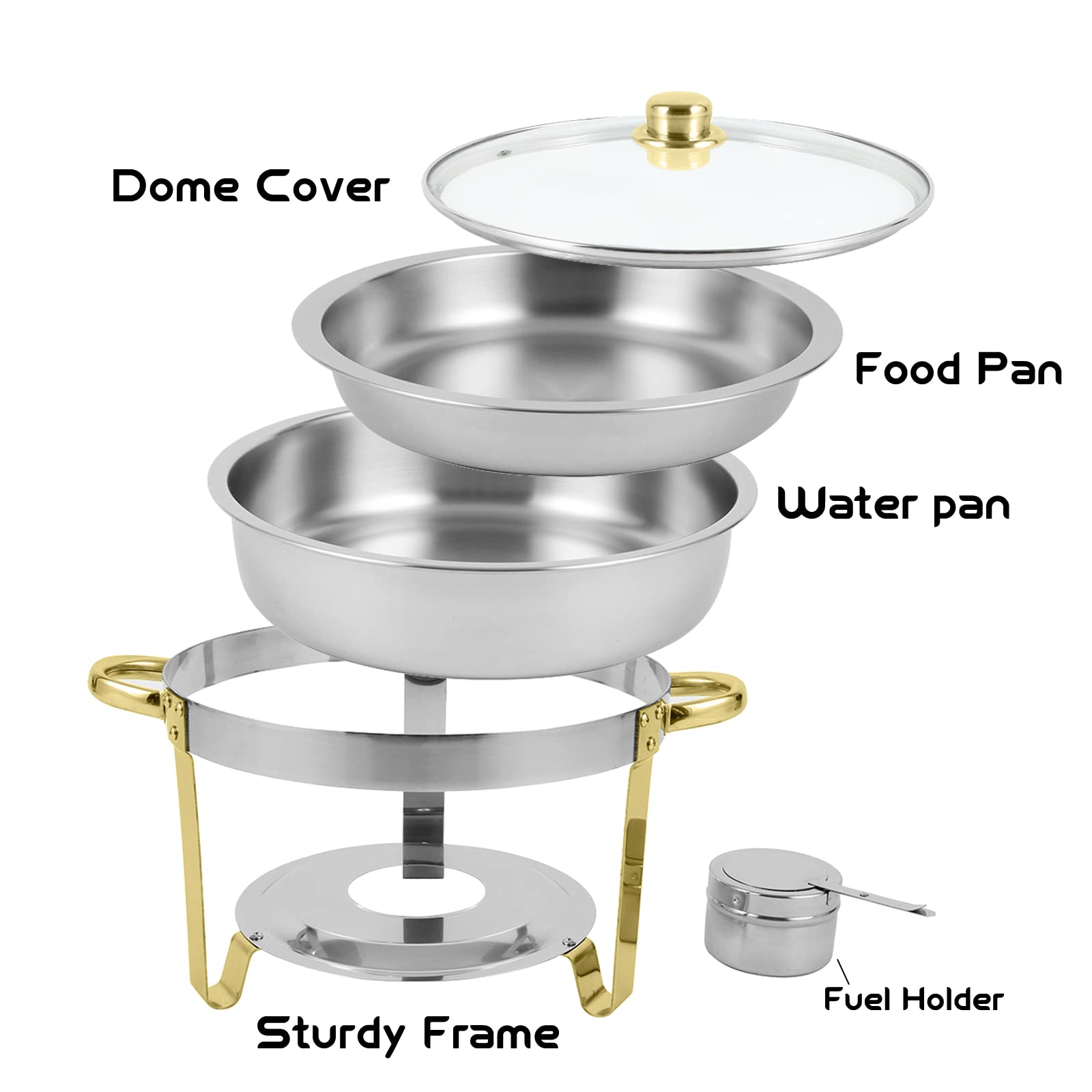 Restlrious Chafing Dish Buffet Set 2 Pack Round Stainless Steel Foldable Chafers and Buffet Warmers Sets Glass Lid in Gold Accents for Catering, 5 QT Full Size Set w/Water Pan, Food Pan, Fuel Holder
