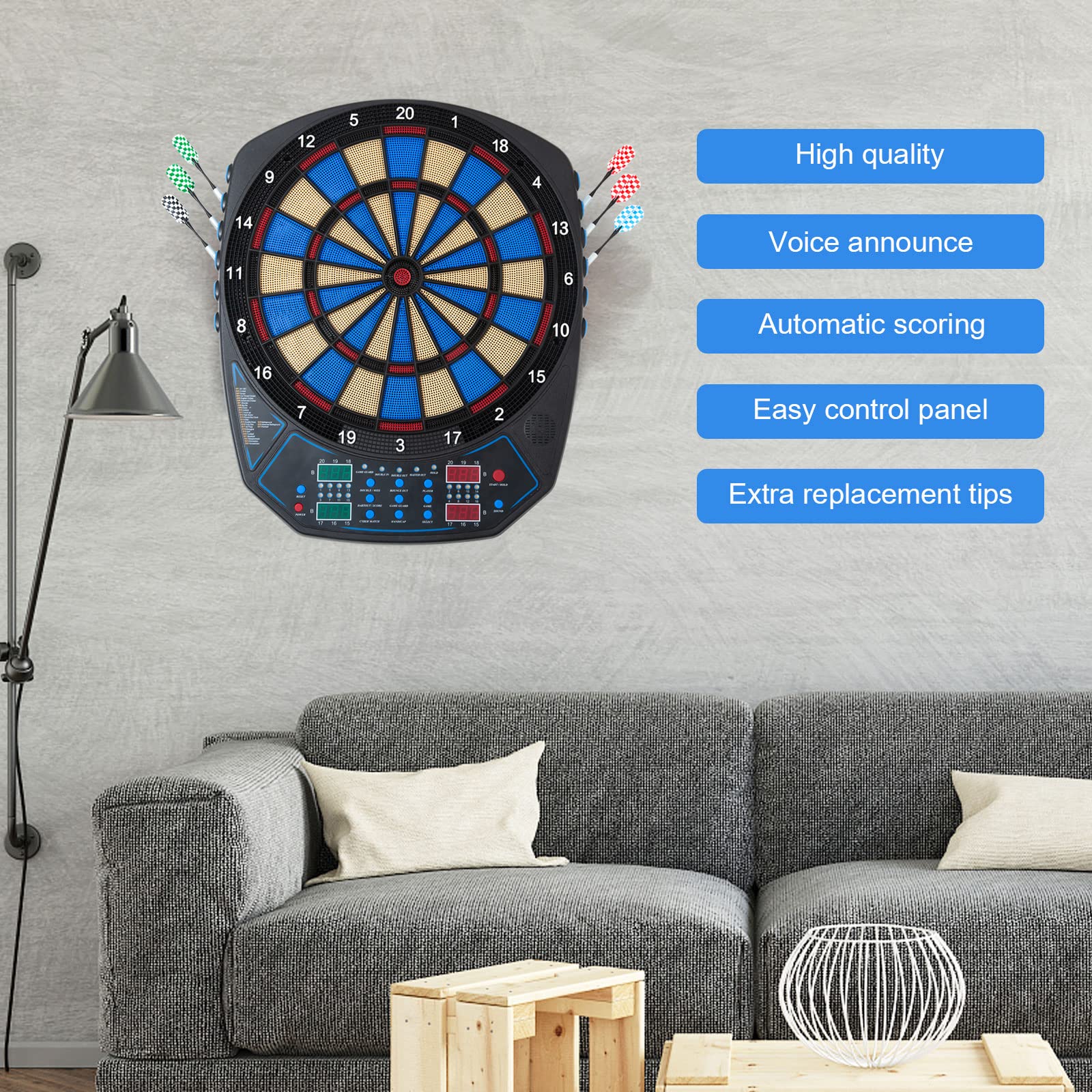 OLI Electronic Dart Board with 12 Soft Tip Darts, LED Display Automatic Scoring Dartboard Sets for Adults, 100 Plastic Tips & Power Adapter Include (Blue)