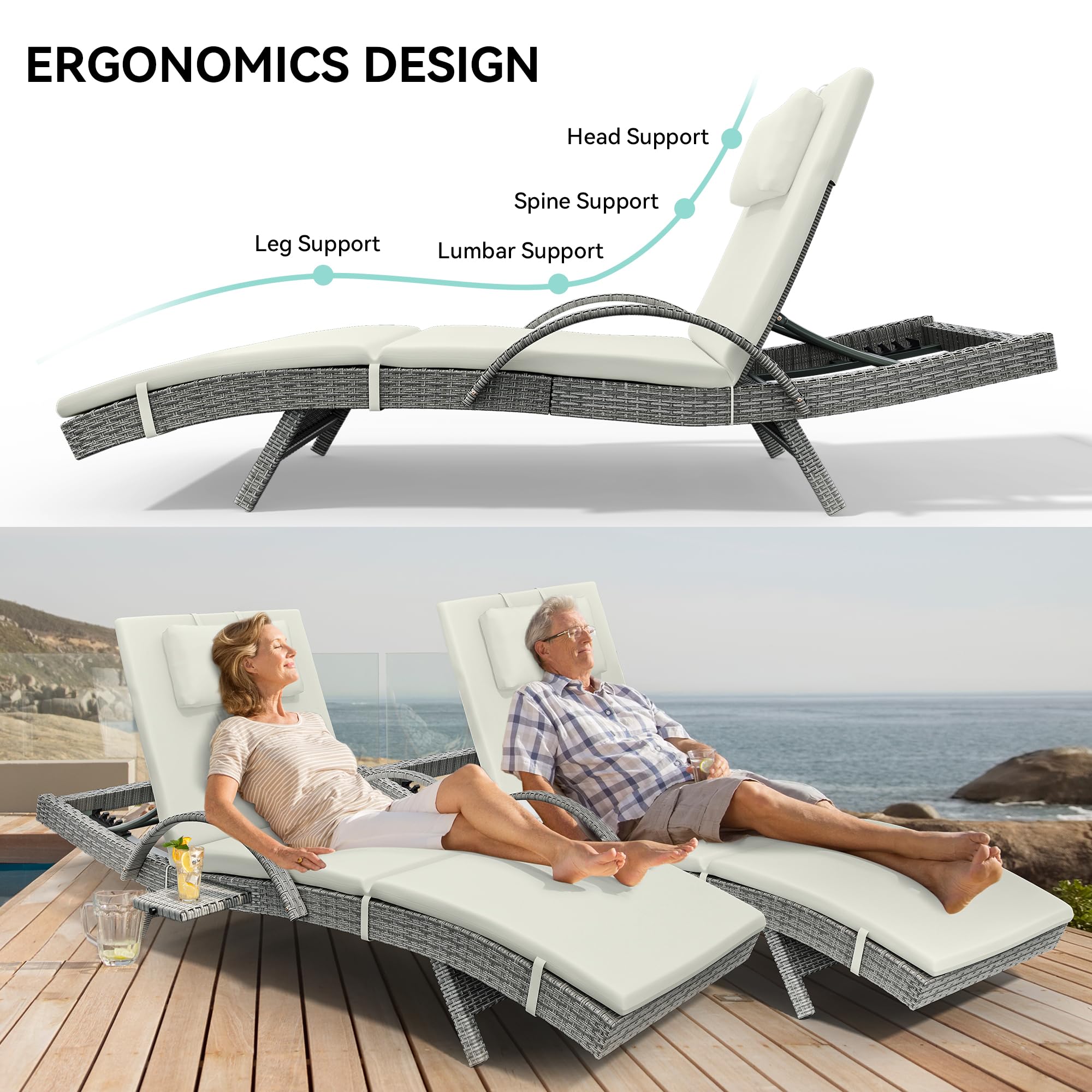 YITAHOME Patio Chaise Lounge Chair Set of 2, Wicker Chaise Lounge Outdoor Rattan Reclining Chair with Armrests/Pull-Out Cup Holder/5-Position Backrest/Cushion & Headrest-Beige