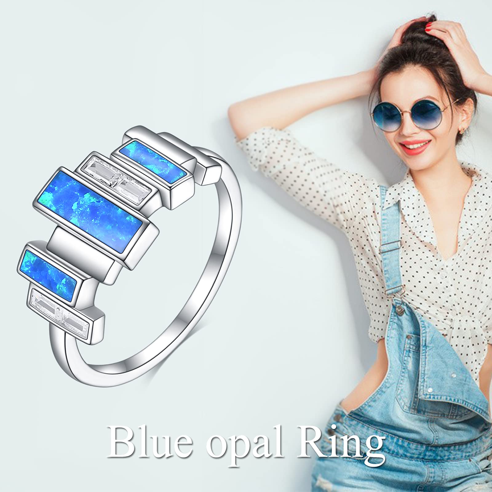 POTOPYY Blue Fire Opal Ring for Women S925 Sterling Silver Created Opal Jewelry Gift, Size 9