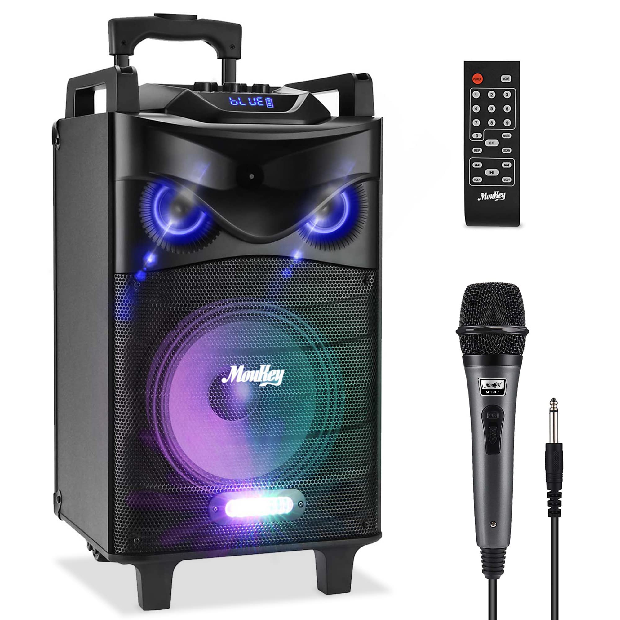 Moukey Karaoke Machine, Outdoor Speaker with Echo/Treble/Bass Adjustment, Small PA System, Portable Bluetooth Speaker with LED Light, Supports Wired/Wireless Microphone/TWS/REC/AUX IN/MP3/USB/TF/FM