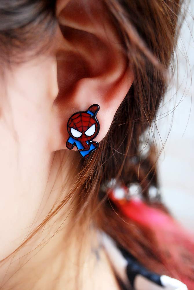 Lovely Cartoon Spider Man with Charm Section Web Brass Necklace Cool Jewelry for Women Girls (Earring)