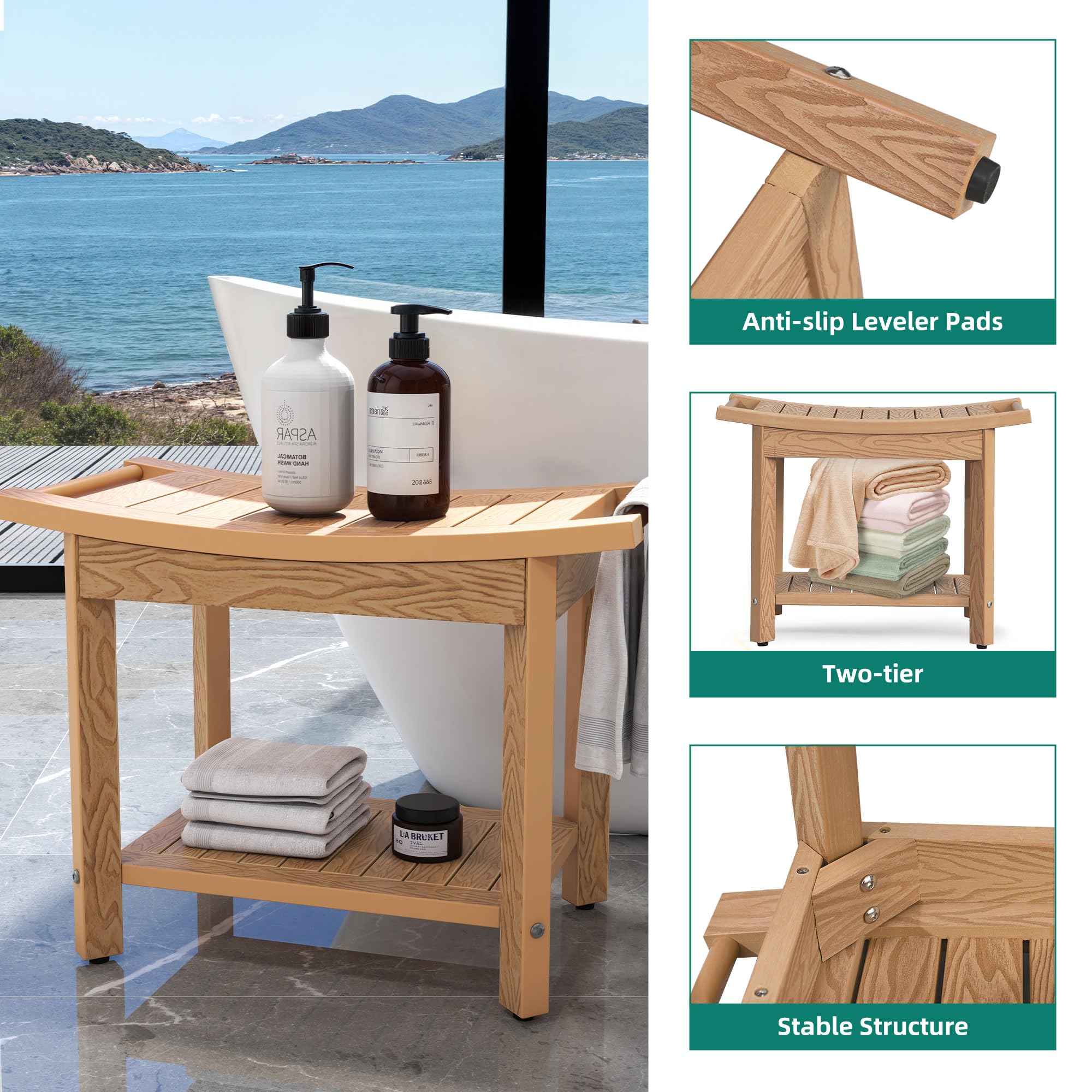 YITAHOME Poly Lumber Shower Bench with Handles, Shower Stool with Storage Shelf, Watertight & Non-Slip Design Shower Seat, Shower Bath Chairs Spa Stool for Bathroom 24' x 13' (Black)