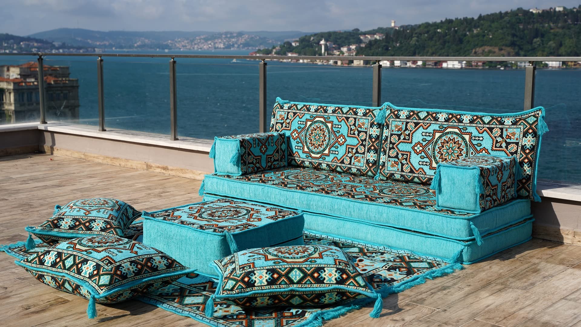 Turquoise Arabic Living Room, Moroccan Home Decor, Floor Cushion, Arabic Floor Couch, Turkish Floor Sofa, Ethnic Sofa, Arabic Sofa Seating (Sofa Full Set)