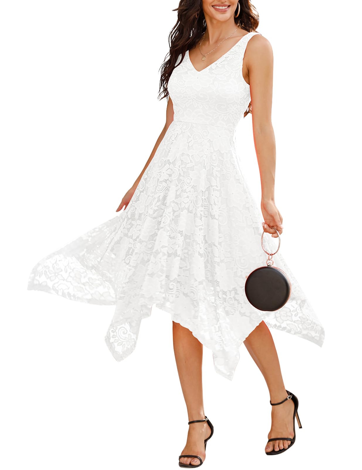 Meetjen Women's Vintage V Neck Dress Handkerchief Hem Asymmetrical Cocktail Formal A-Line Dresses White XL