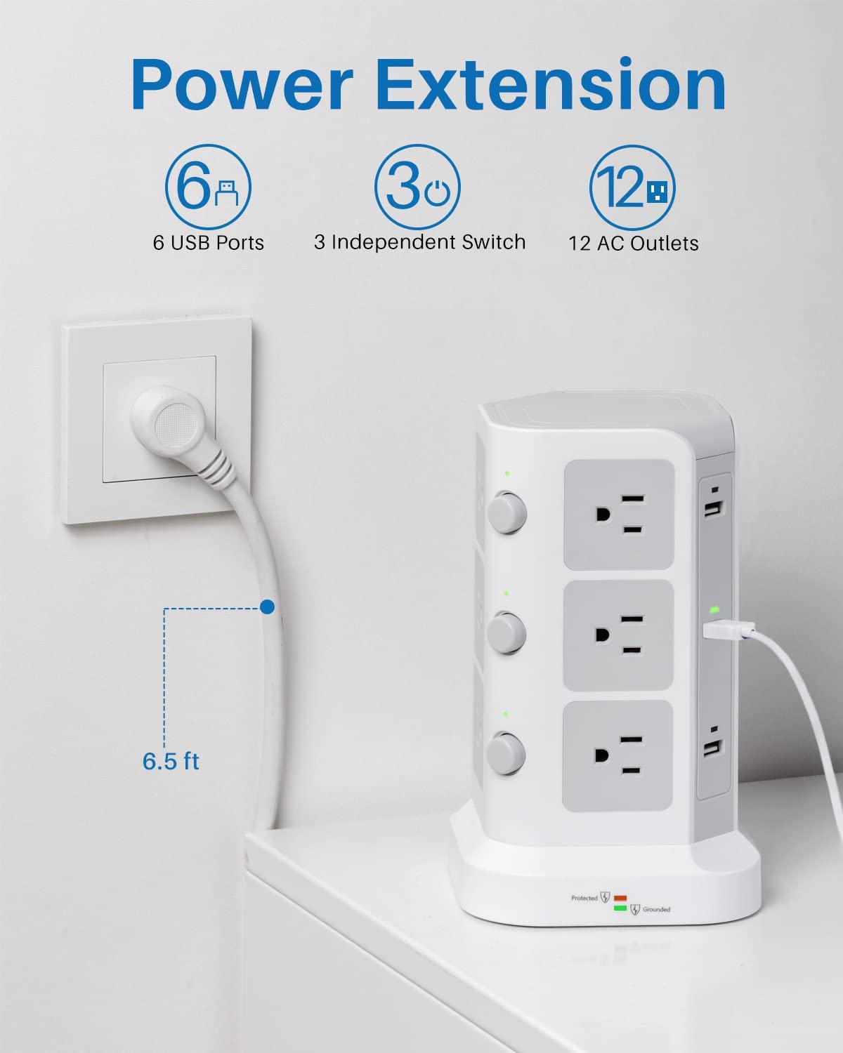 Surge Protector Power Strip Tower 16.4 FT + 6.5 FT, [1500 Joules] 12 Widely Spaced AC Outlets with 6 USB Ports Charging Station White