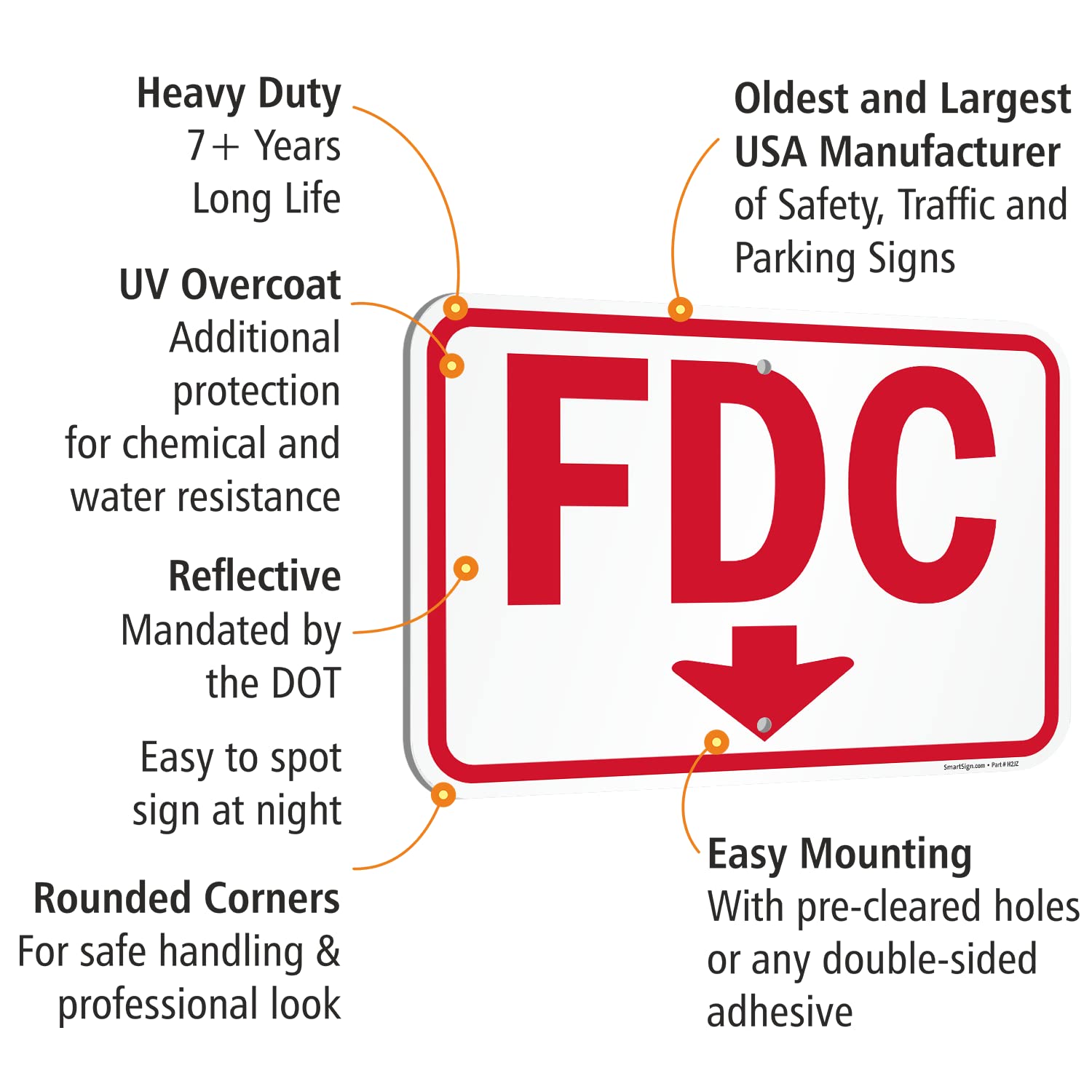 SmartSign 12 x 18 inch “FDC” Fire Department Connection Metal Sign with Down Arrow, 120 mil Aluminum Composite, 3M Engineer Grade Reflective Aluminum, Red and White, Made in USA
