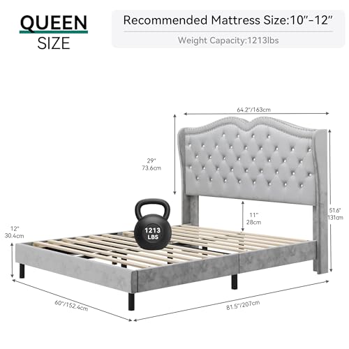 YITAHOME Queen Bed Frame with 51.2” Tall Headboard,Velvet Tufted Bed Frame, Queen Bed Frame Platform with Velvet Headboard, No Box Spring Needed,Noise-Free,Grey