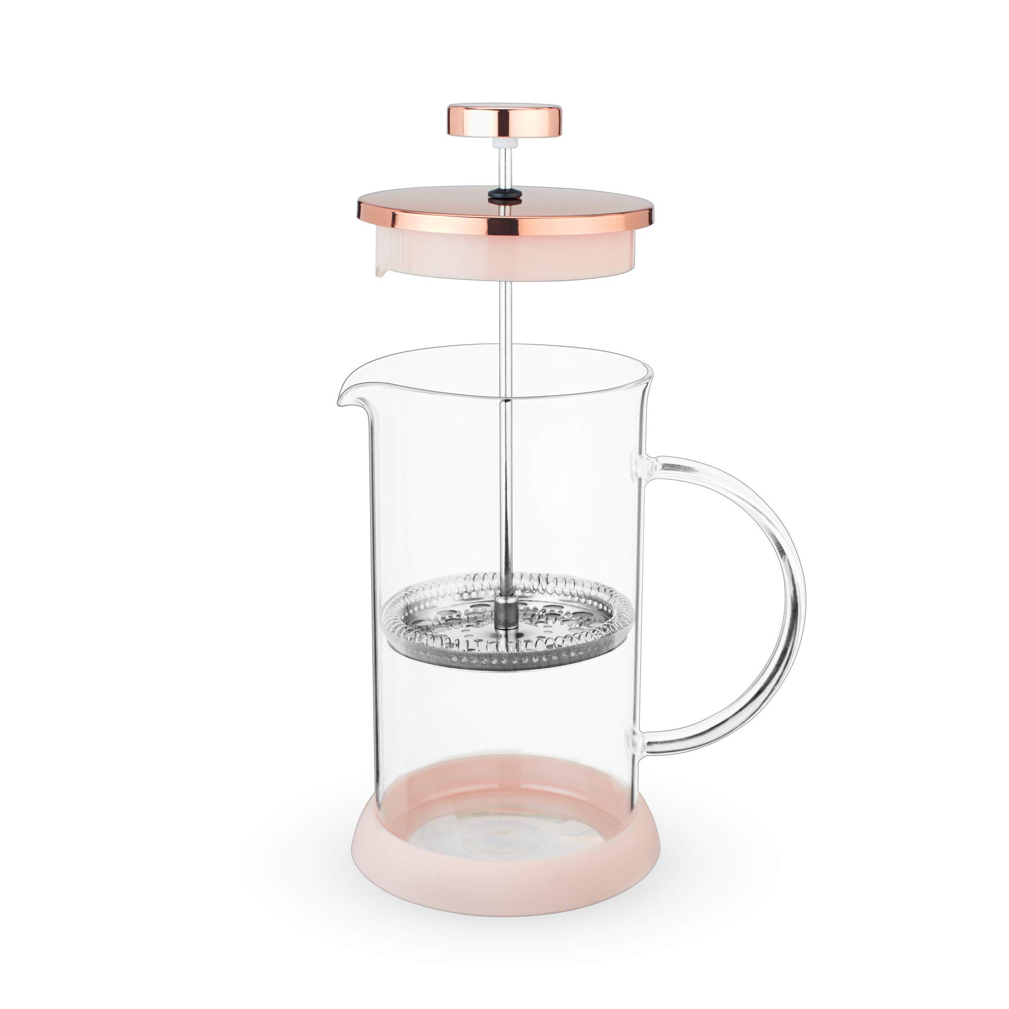 Pinky Up Riley Mini Glass Tea Press Pot, Coffee Maker, French Press for Loose Leaf Tea and Coffee, Hot or Iced Beverage Brewer, 12 oz, Pink
