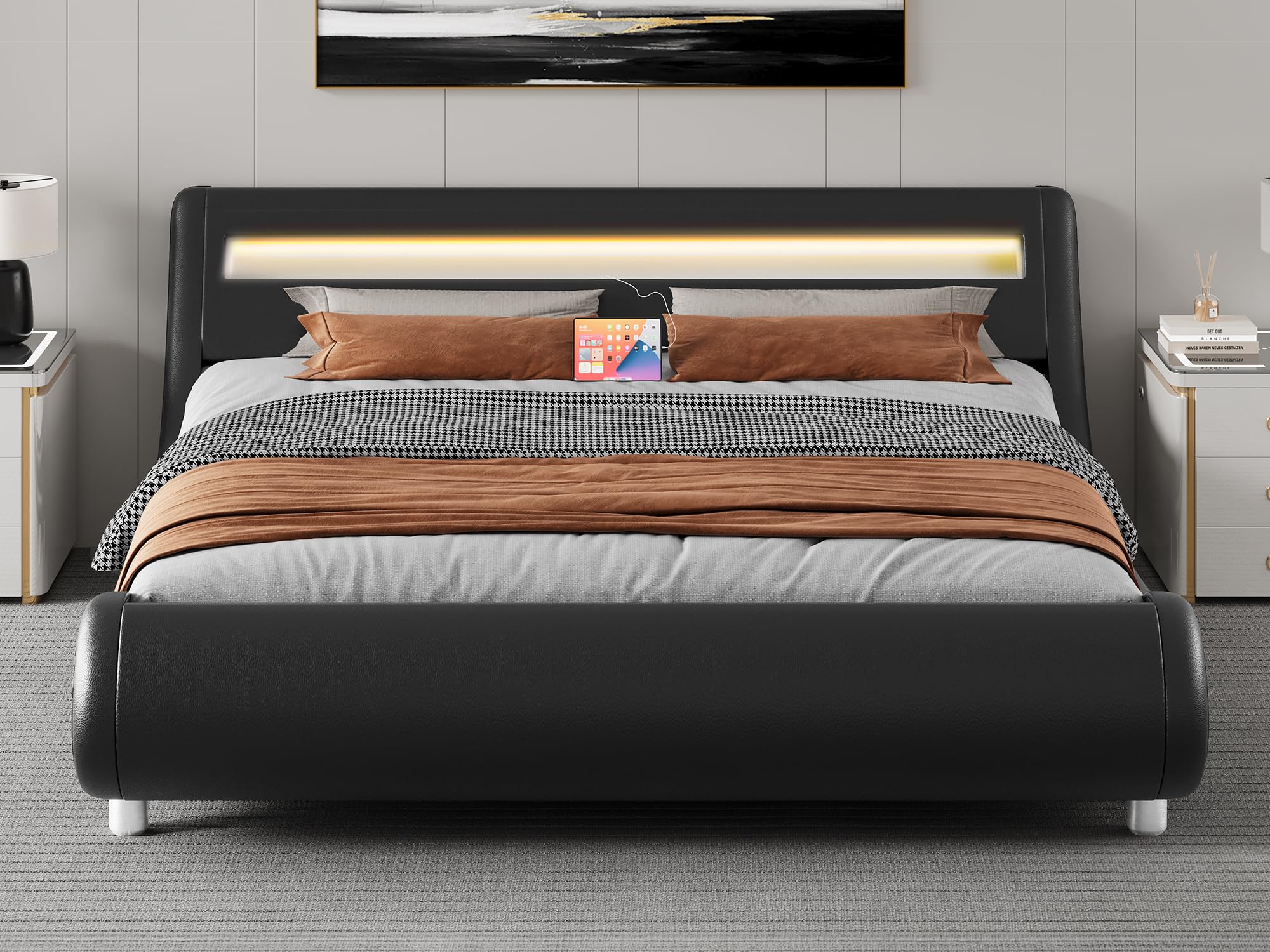 YITAHOME Queen Bed Frame with Ergonomic Headboard,Upholstered Led Bed Frame with Lights & Storage Charging Station,Platform Bed Frame with Premium Pu Leather/No Box Spring Needed,Black