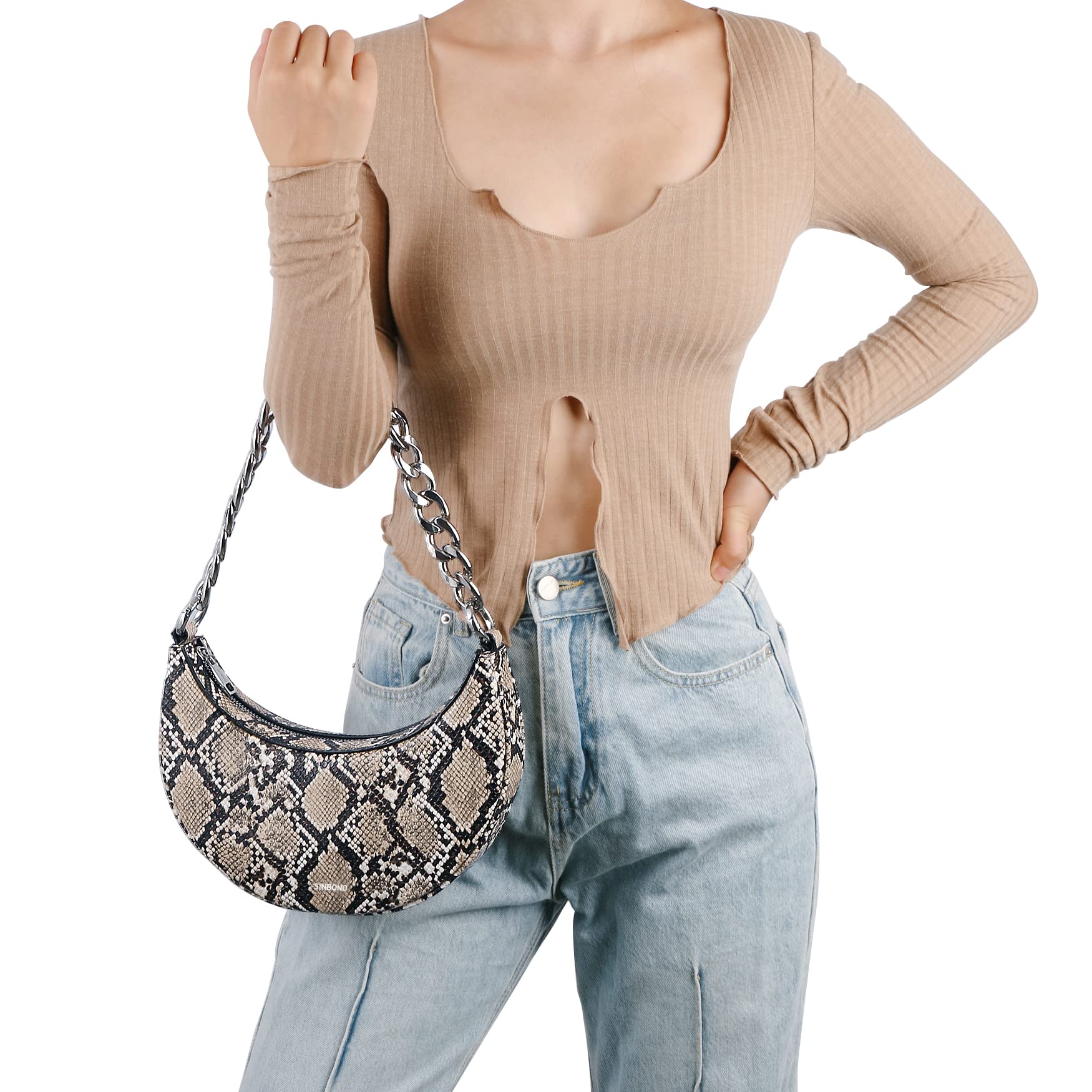 SINBONO Women Shoulder Bag, Cairo Vegan Leather Saddle Bag Handbag Ladies Designer Classic Purse(Natural Snake Embossed)