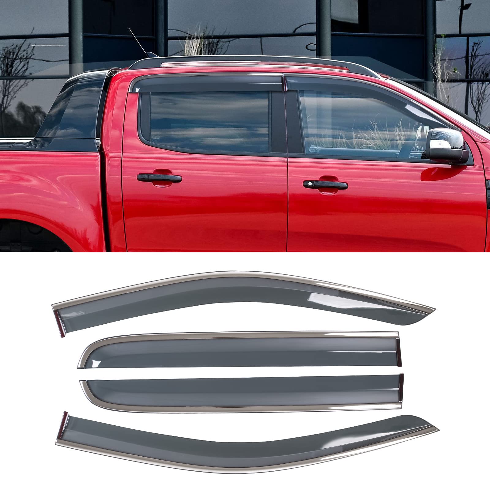powoq Fit 2019-2022 Ford Ranger Window Visor Tape-on Vent Deflectors Side Window Deflector for 2019 2020 2021 2022 Ford Ranger SuperCrew Accessories, with Silver Strip
