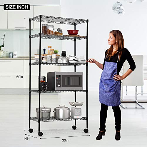 Wire Shelving Unit Storage 5 Tier Metal Shelving Unit NSF Heavy Duty Shelves Height Adjustable Garage Shelving 14" W x 30" L x 60" H with Wheels Large Steel Commercial Shelving Black