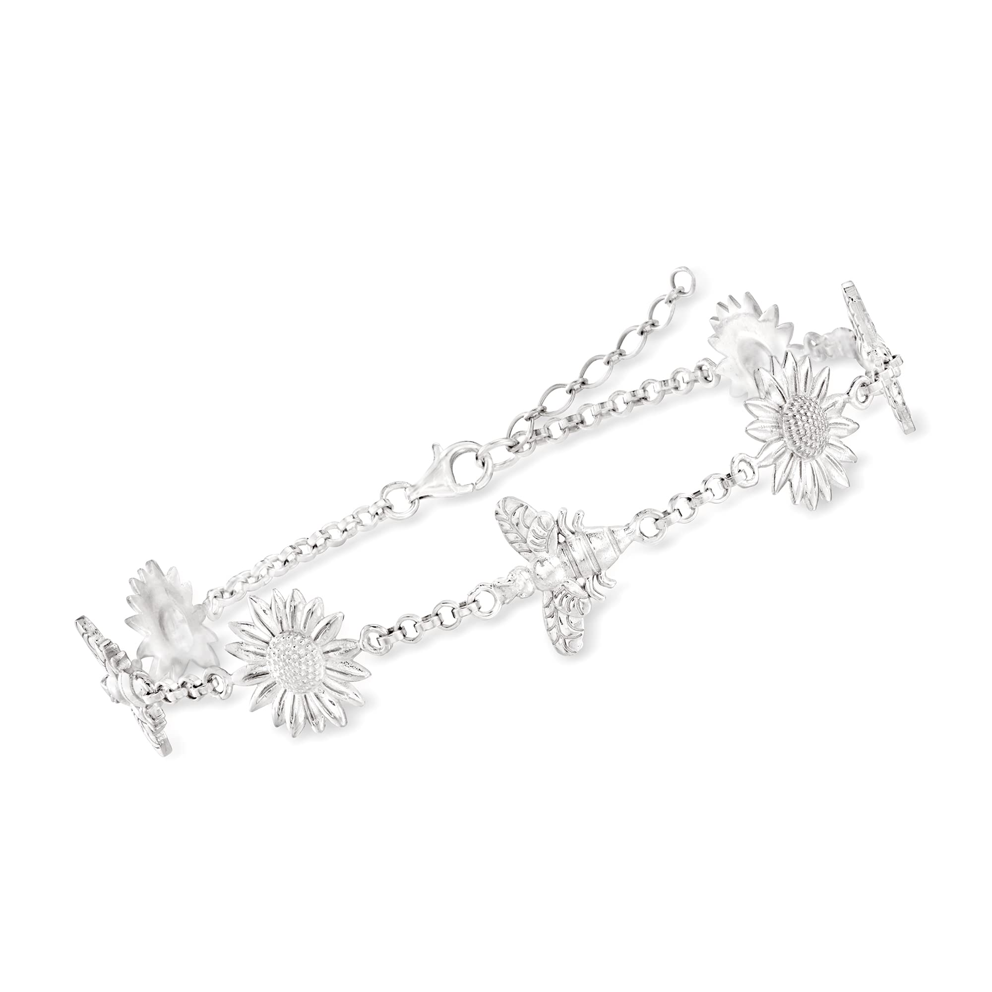 Ross-Simons Sterling Silver Sunflower and Bumblebee Anklet. 9 inches