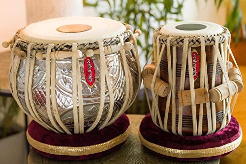 MAHARAJA Concert Tabla Drum Set, 4½ Kg Copper Bayan, Designer, Finest Dayan with Padded Bag, Hammer, Cushions & Cover - Tabla Set Tabla Drums Tablas Indian Musical Instruments (PDI-69)