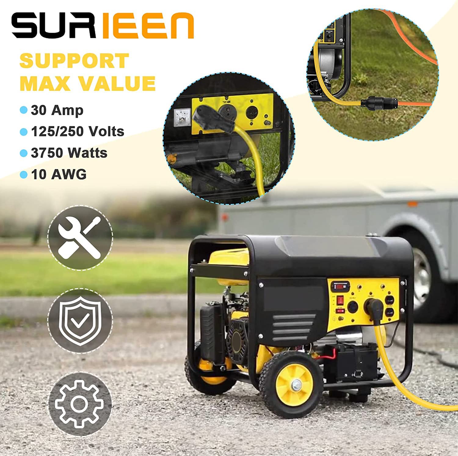 SURIEEN NEMA TT-30P to L14-30R Adapter Cord, 30 Amp 3 Prong to 4 Prong Generator Plug Adapter, Generator Transfer Switch Adapter Cord, RV Generator Plug to Inlet Box, STW 10 AWG, 1.5FT