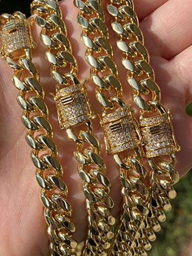 Miami Cuban Link Chain Choker Necklace CZ diamond Lock Real Solid 14K Gold Finish Stainless Steel, Cuban Choker, Cuban necklace, Gold Cuban Chain, 12mm Miami Cuban Link Chain (20)