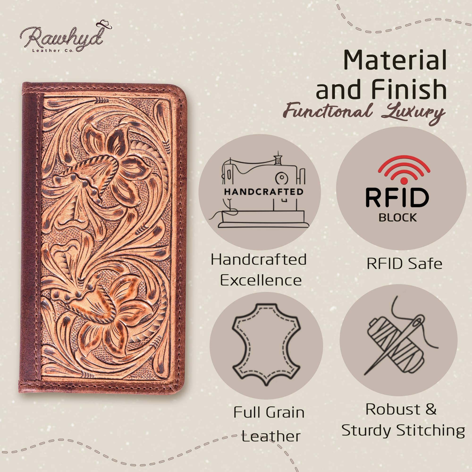 Mens Tooled Leather Wallet β RFID-Blocking Long Wallets for Men - Full Grain Leather Cowboy Wallets for Men β Floral Tooled Mens Western Wallets w/ Credit Card Sleeves - Country Western Gifts for Men