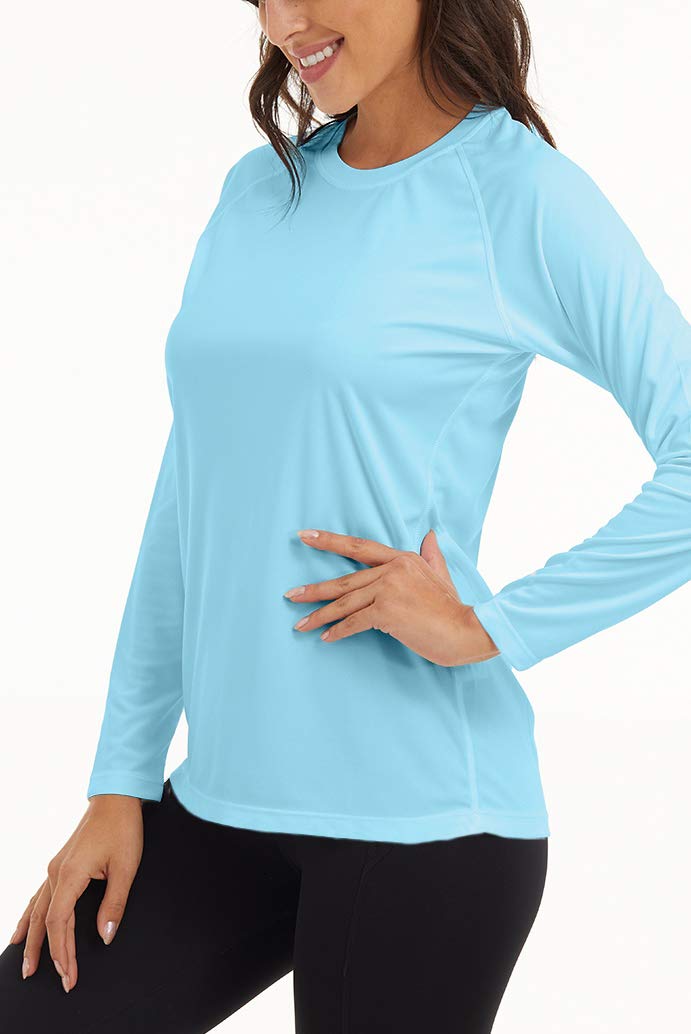 NEYOUQE Stretchy Long Sleeve Workout Crew Neck Cooling Thin Fitted Sunblock t Shirts for Women Fall Undershirts Trending Activewear Tops Lake Blue S
