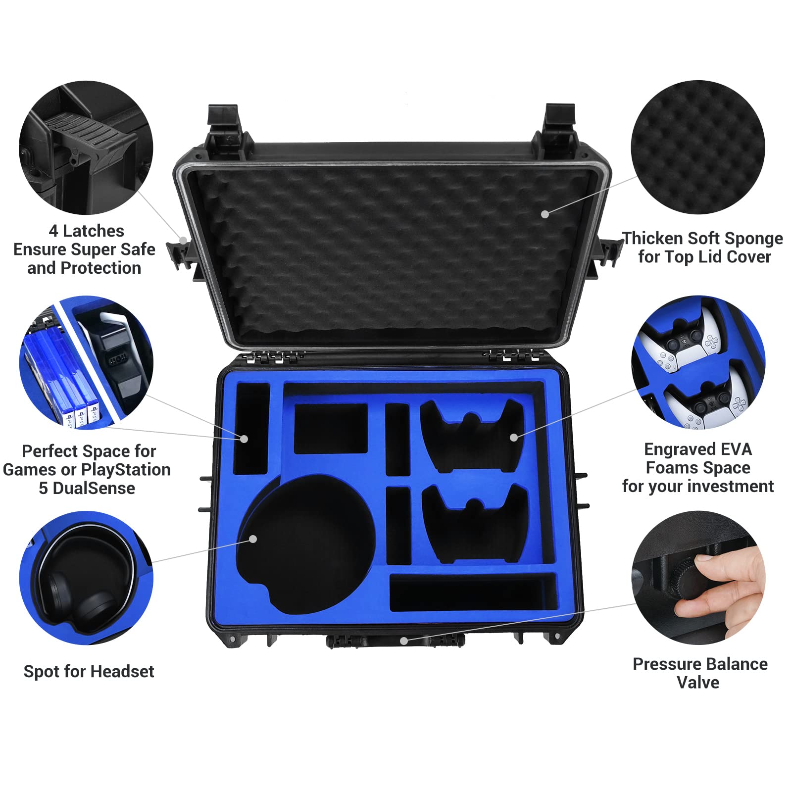 Premium Waterproof Travel Hard Case for PS5 - Heavy Duty Carrying Case Fits PlayStation 5 Console, Headset, Controllers, Games, Stand, Dualsense Charging Station, Cables and Other Accessories, Blue