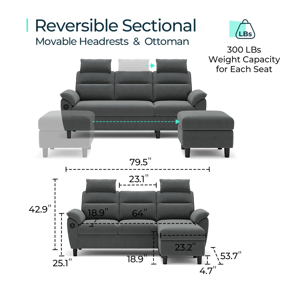 LINSY HOME Convertible Sectional Couch, High Back L Shaped Sofa with Two Removable Headrests and Type-C Fast Charging Ports, Small Sectional Sofa for Living Room, Dark Grey, LH012