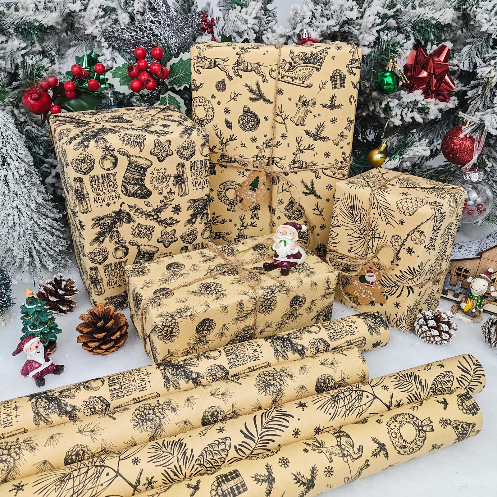 LDGOOAEL Mini Short Small Christmas Wrapping Paper Roll with Cut Lines on Reverse (17" X 120" Per Roll) - Red Gift Wrap with Santa&Snowflake&Plaid Design for Holiday, Birthday,Wedding