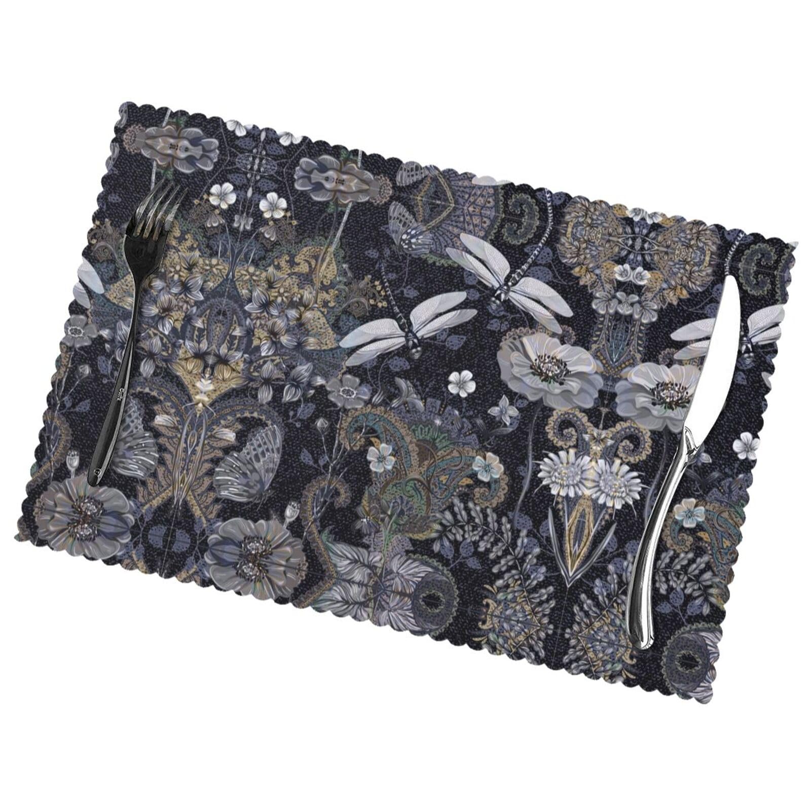 Placemats, Dragonflies Grey Print Placemats Set of 6, Heat Resistant Place Mats, Washable Table Mats