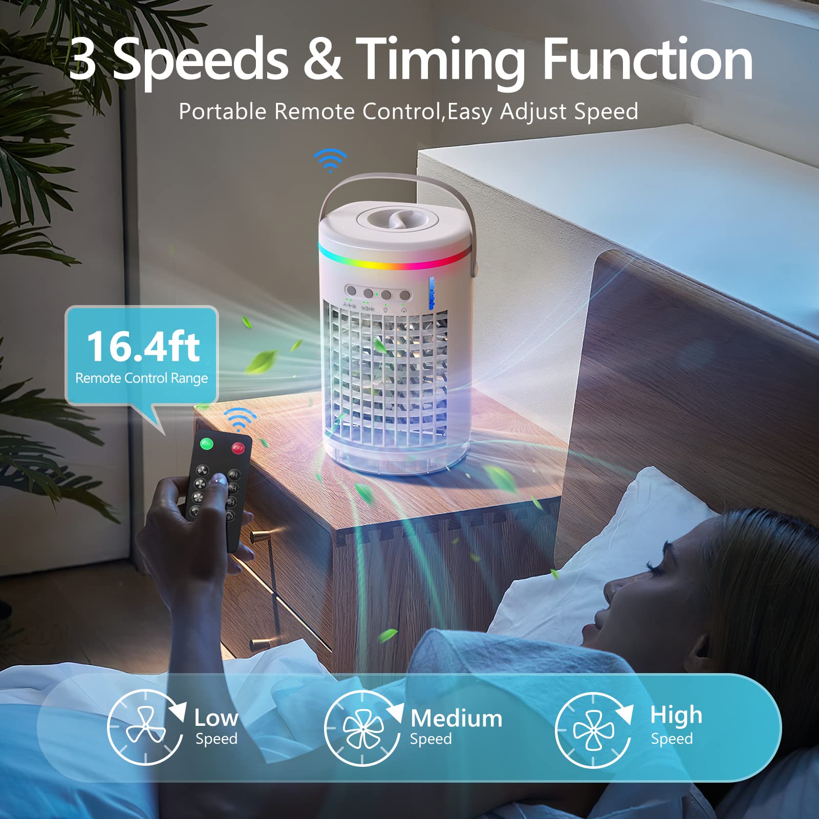 Vosaf Portable Air Conditioners Fan,1400ml Evaporative Mini Air Conditioner with 7 Colors Light,3 Speeds, White