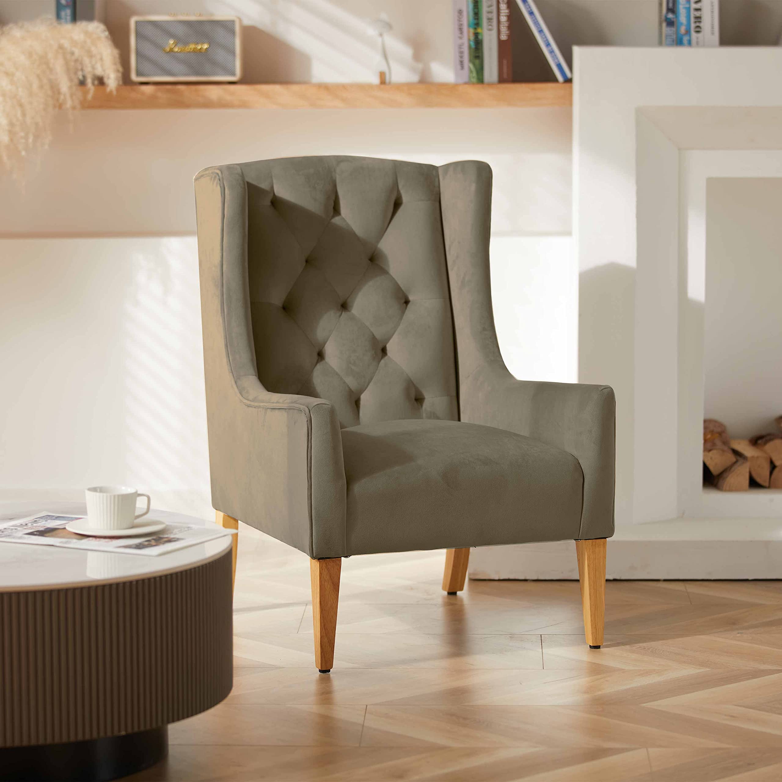 LOVSPATIO Mid-Century Accent Chair,Button Tufted Velvet Armchair with High-Back Rest,Big Cushioned Seat and Solid Wood Legs for Living Room Bedroom (Light Brown)